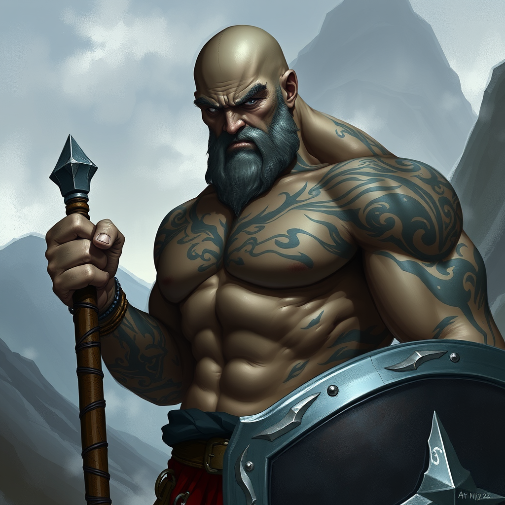 The Solemn, Bald Goliath Warrior with Blue Eyes - Stock Image & Prompt | 2Moons