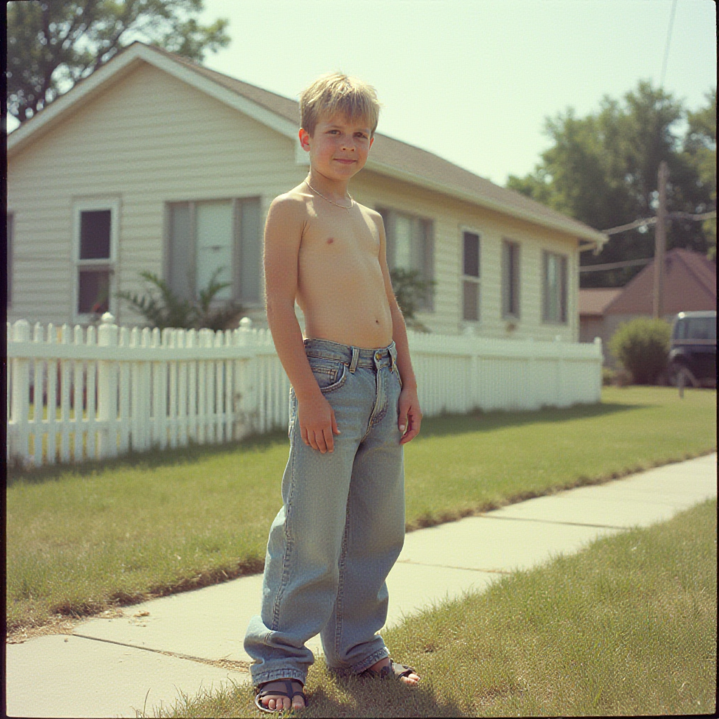 Teenager Doing Yard Work in 1980s Suburb - Stock Image & Prompt | 2Moons